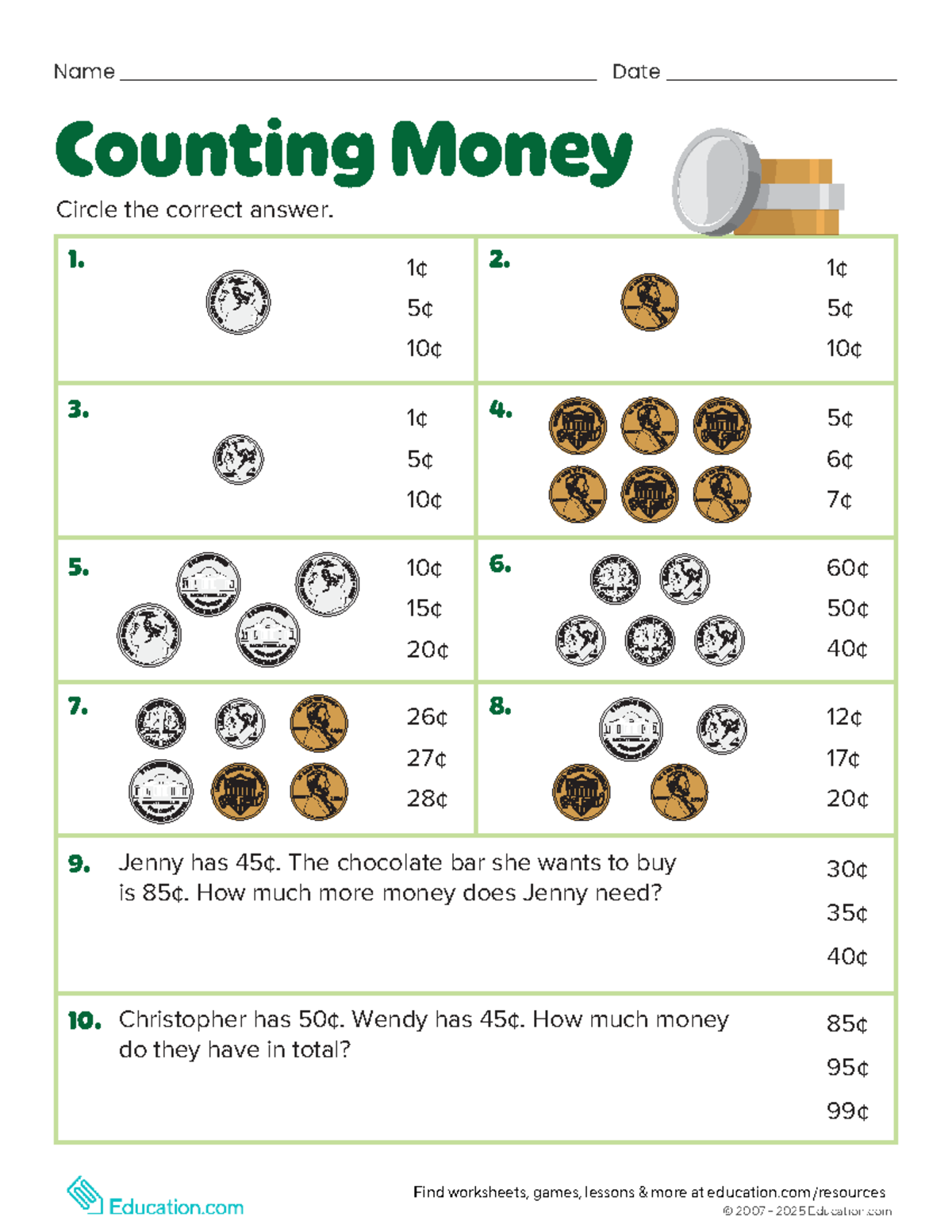 Practice test counting money - Counting Money 1. 2. 3. 4. 7. 8. 5. 6. 1 ...