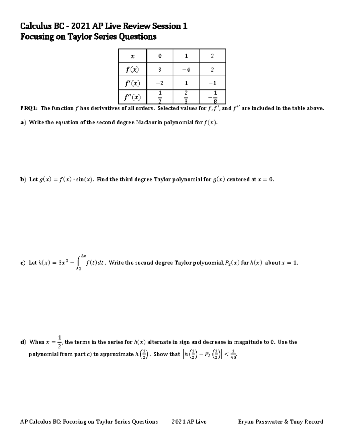 AP Calculus BC - Final Review Session 1: Understanding Taylor ...
