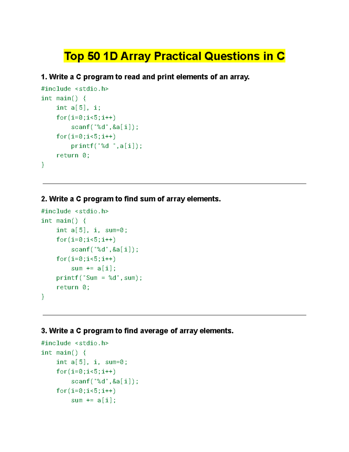 Top 50 Practical C Questions on 1D Arrays for CS101 - Studocu