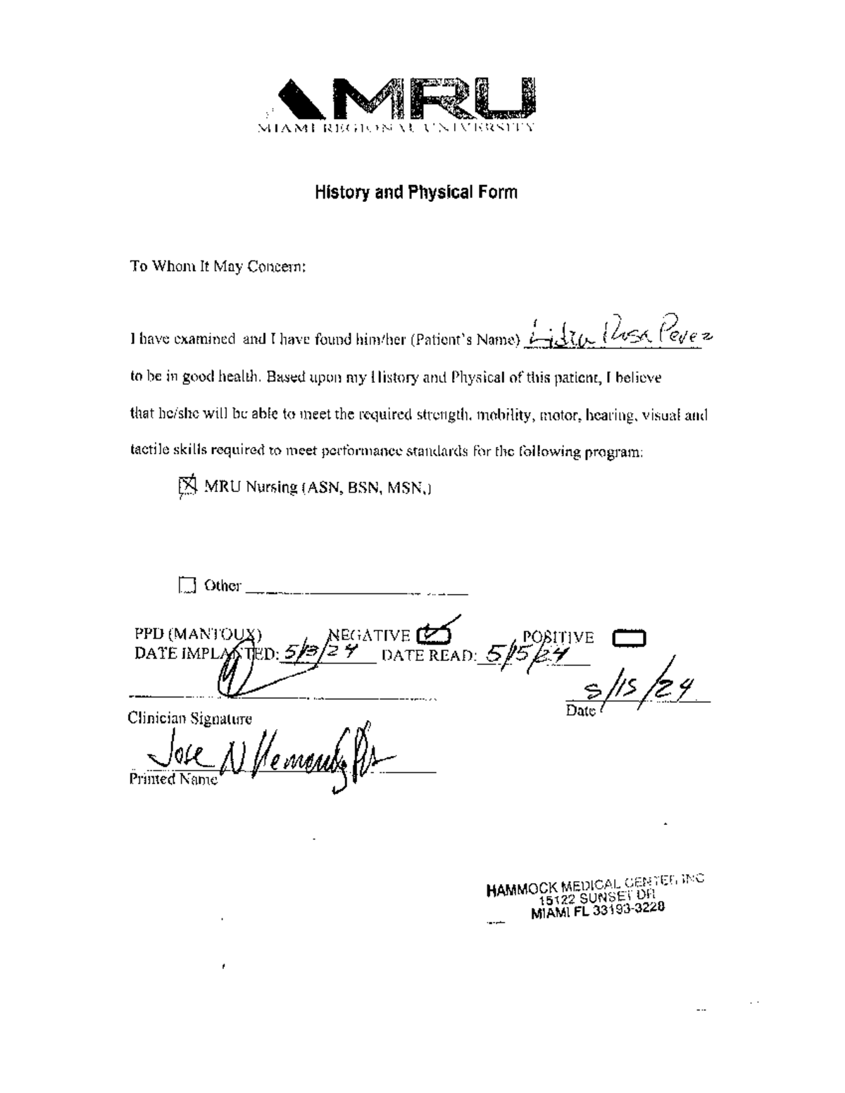 MRU Nursing Health Assessment Form for Lidia Rosa Pevez - Studocu