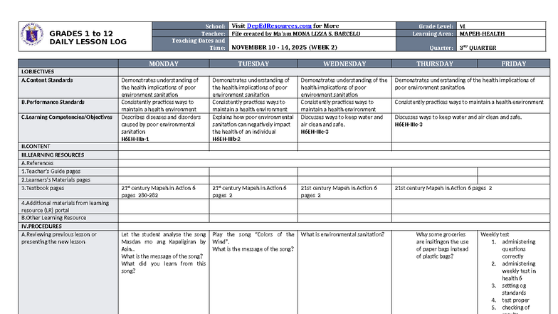 DLL MAPEH - Health 6 Q3 Week 2 Lesson Plan - Studocu