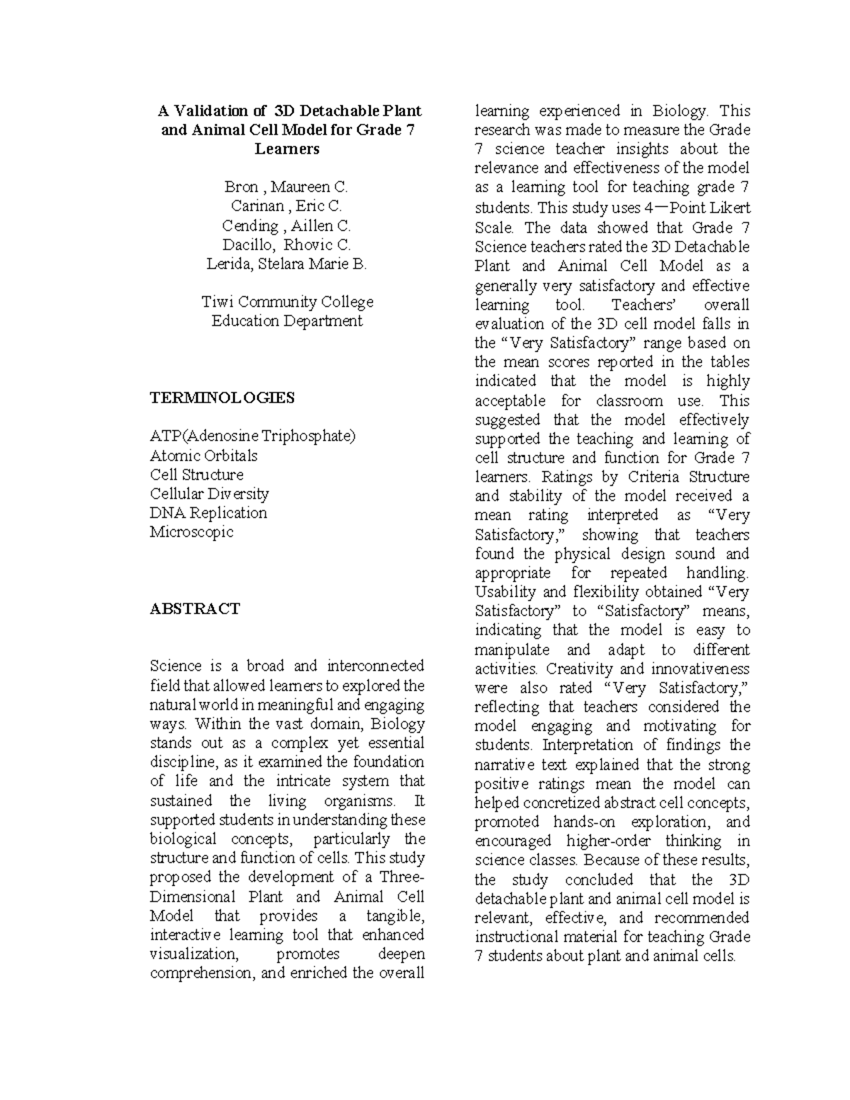 Validation of 3D Detachable Plant and Animal Cell Model for Grade 7 ...