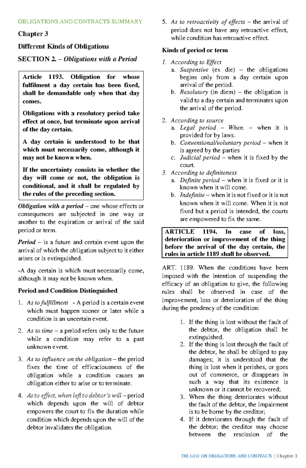 OBLICON Chapter 3 (Section 1 to 3) - OBLIGATIONS AND CONTRACTS SUMMARY Chapter 3 Different Kinds ...
