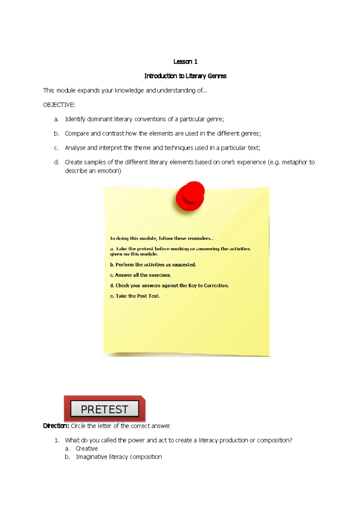 Creative Writing module 3 - with Activities - Module 3 Reading and ...