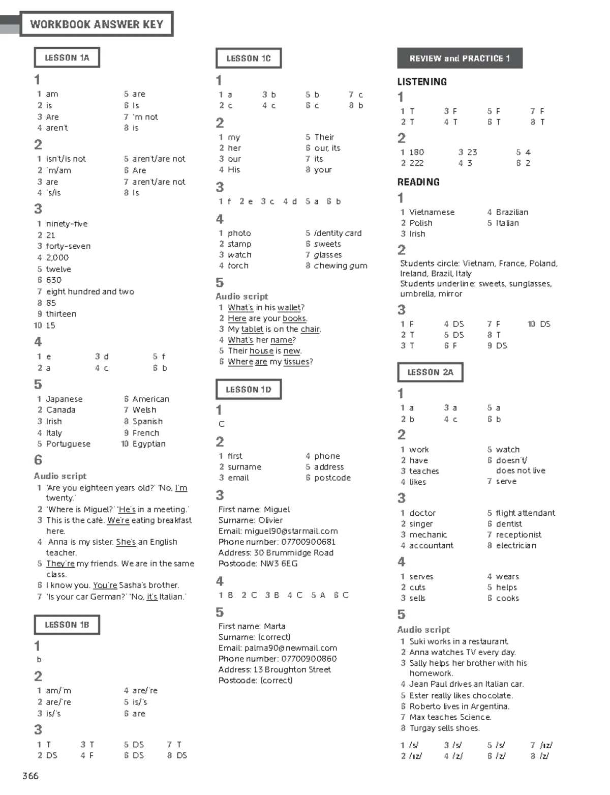Personal BEST A2 - WB Answer KEY - LESSON 1A 1 1 am 2 is 3 Are 4 aren’t ...