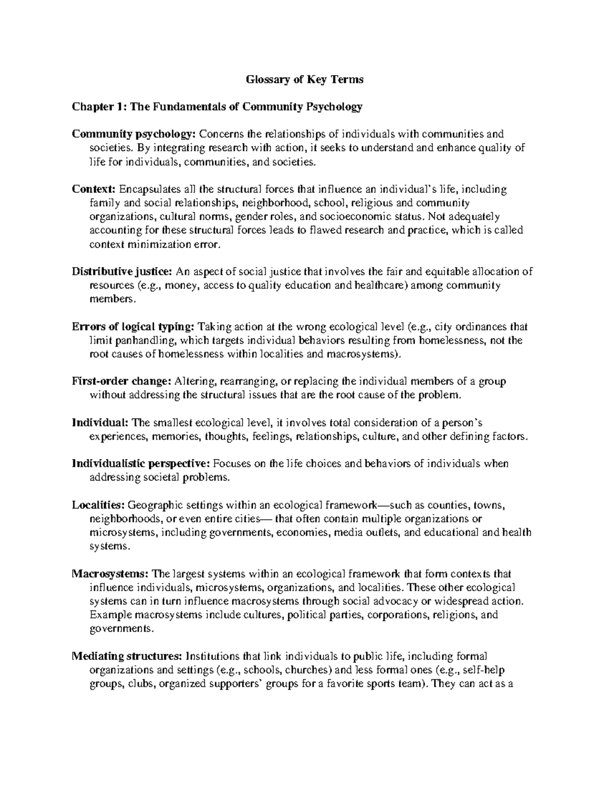 Glossary of Key Terms for Community Psychology (Chapters 1-11) - Studocu