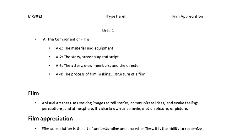 MX3083 Film Appreciation Unit 1: Understanding Film Components - Studocu