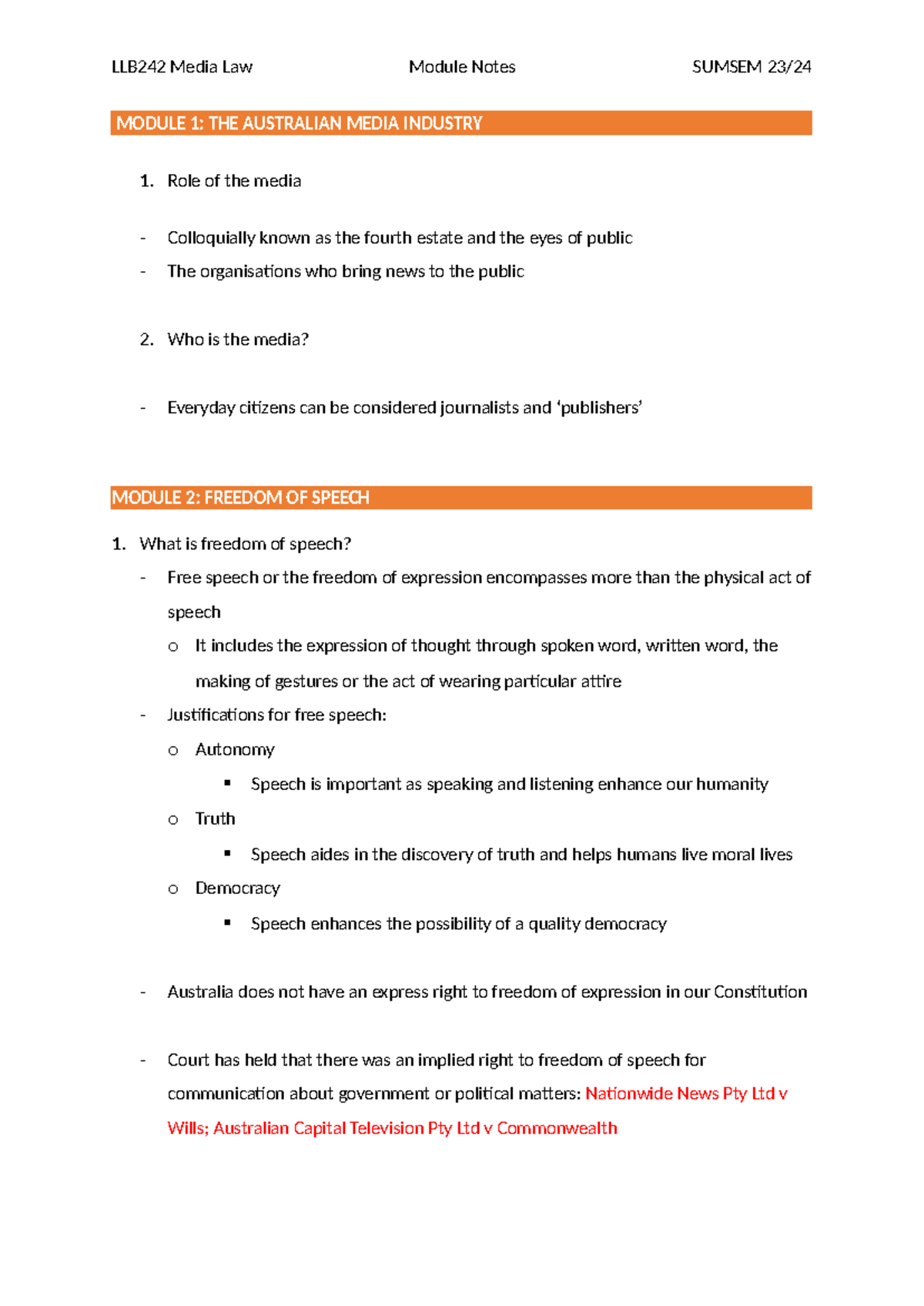 LLB242 Media Law Module Notes: Overview of Key Concepts and Cases - Studocu