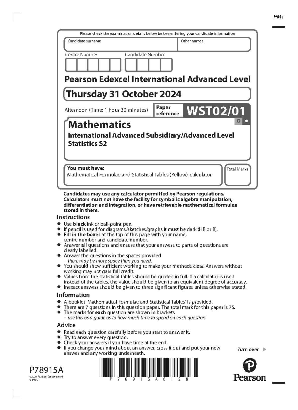 October 2024 IAL Statistics S2 Exam Paper - Practice Questions - Studocu