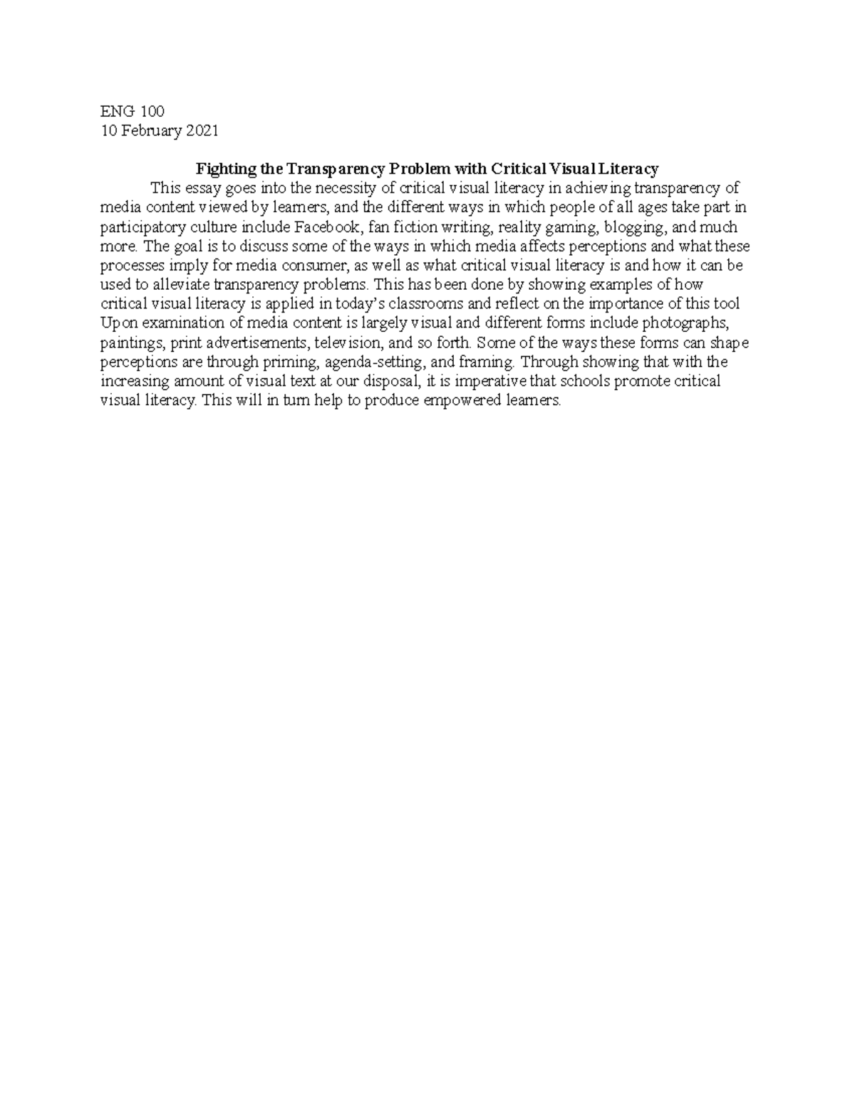 ENG 100 Essay: Critical Visual Literacy & Media Transparency - Studocu