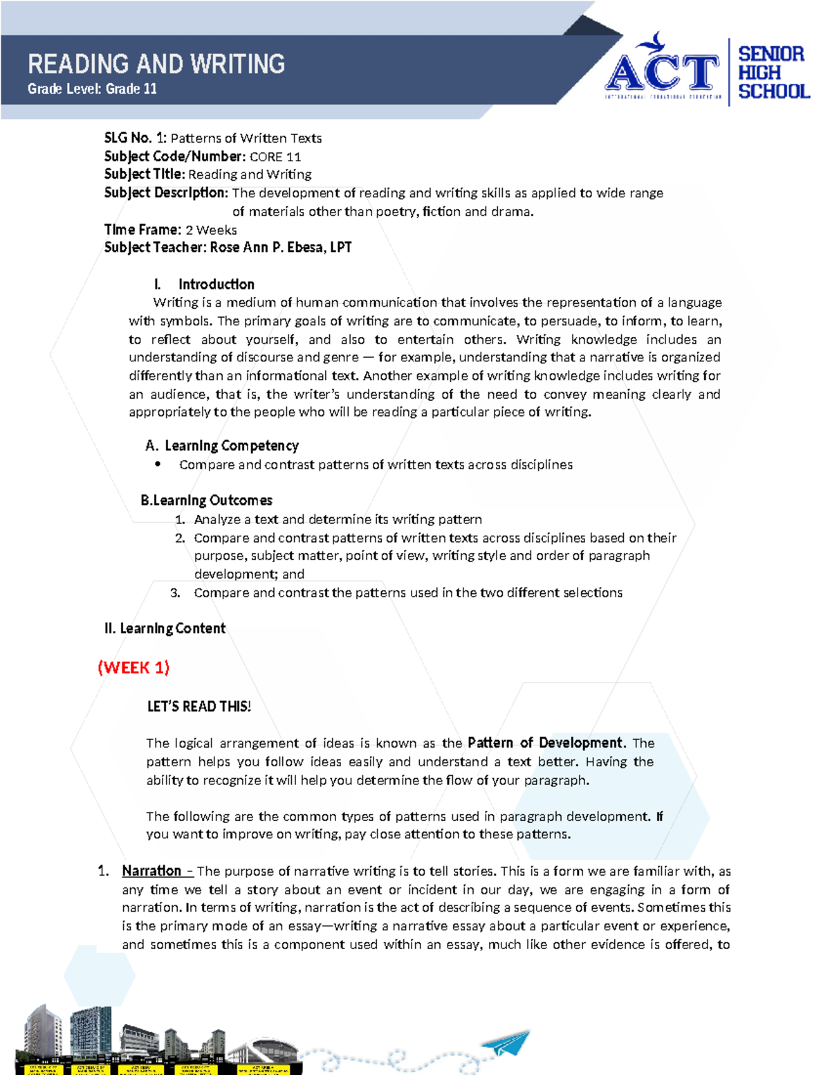 1 Midterm SLG1 CORE11 Patterns of Written Texts 1 2 - v Grade Level ...