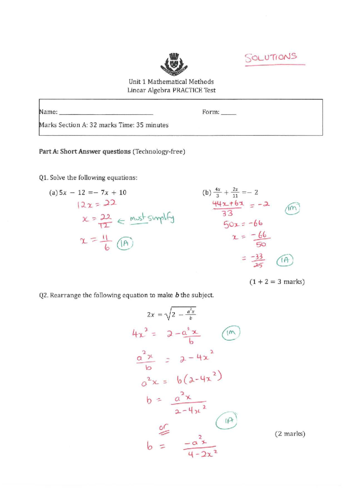 11MM Linear Algebra Unit 1 Practice Test Solutions - Studocu