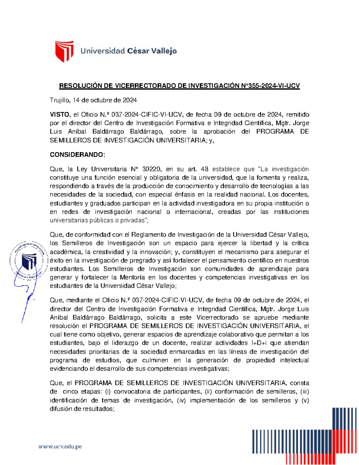 RVI N°355-2024-VI-UCV: Aprobación del Programa de Semilleros de ...