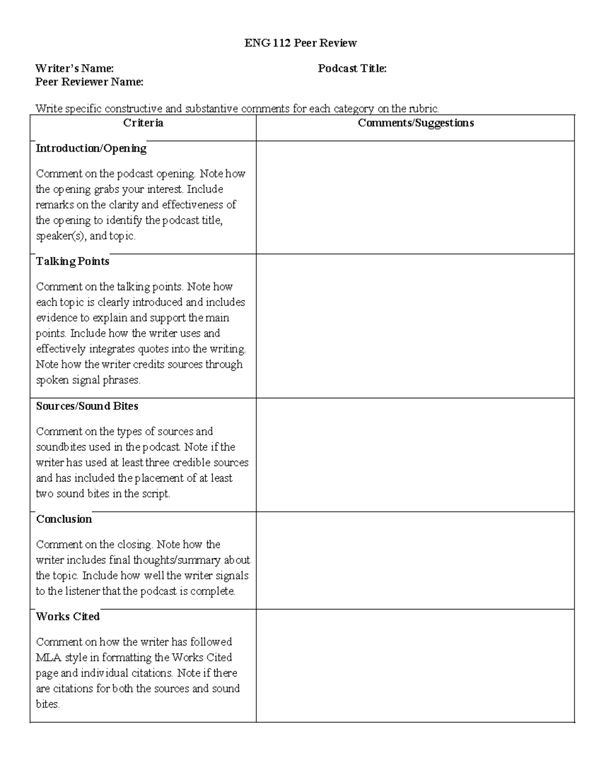Peer Review Podcast Script Draft Rubric ENG 112 - ENG 112 Peer Review ...
