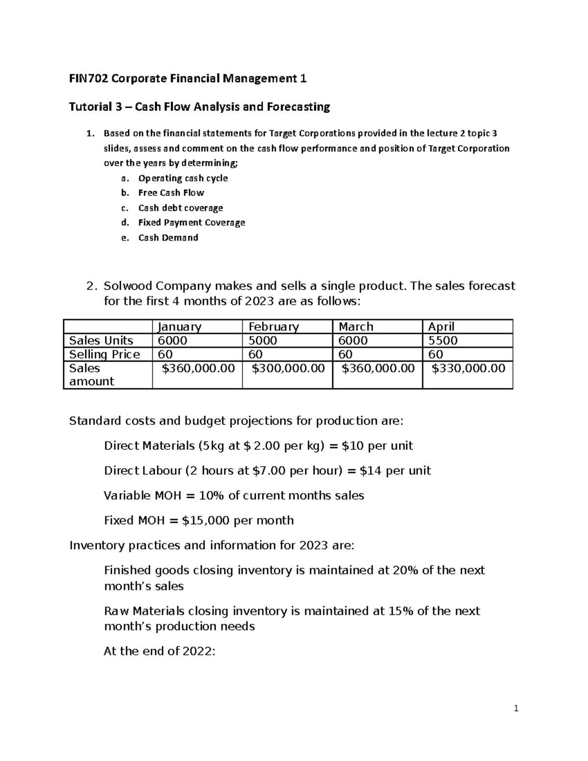 Tutorial 3 - FIN702 Corporate Financial Management 1 Tutorial 3 – Cash ...
