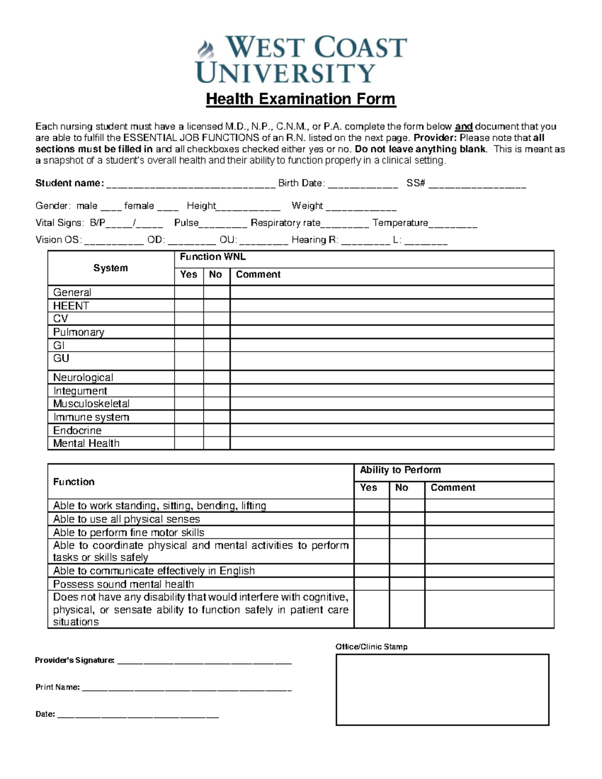 Health Exam Form - TB blank form - Health Examination Form Each nursing ...