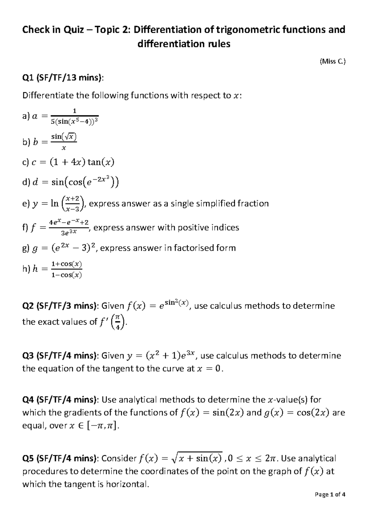 Check-in Quiz Topic 2: Derivative Rules and Trigonometric Functions ...