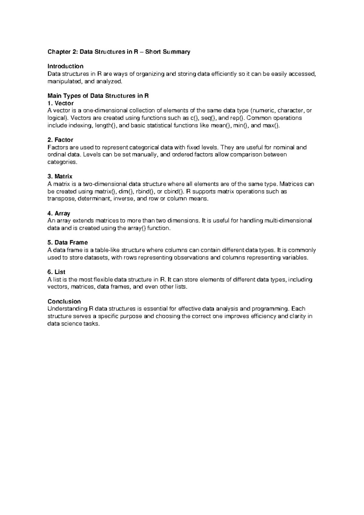 Chapter 2: Summary of Data Structures in R - Studocu