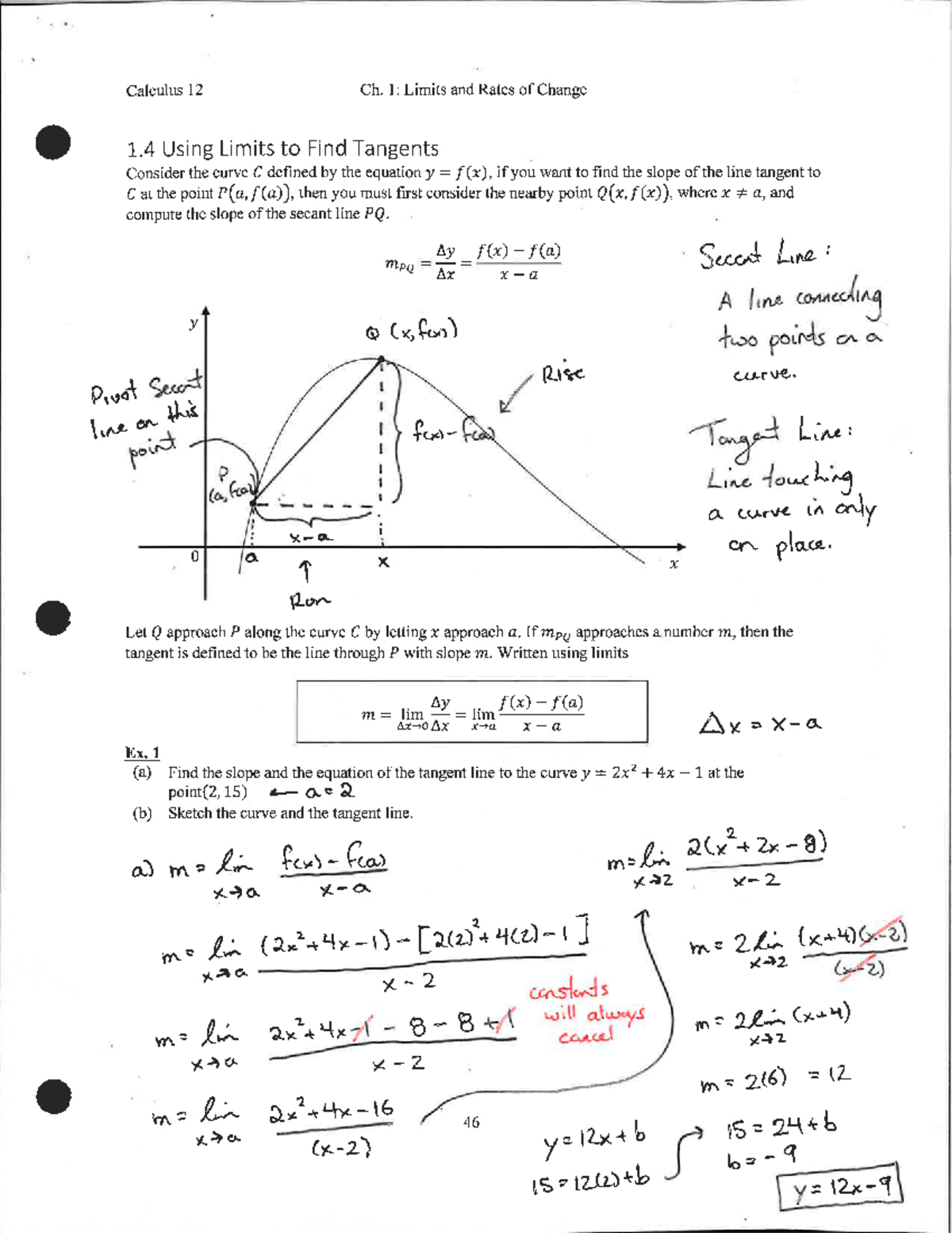 Calculus 12 Ch. 1: Limits & Tangents - Notes & Exercises - Studocu