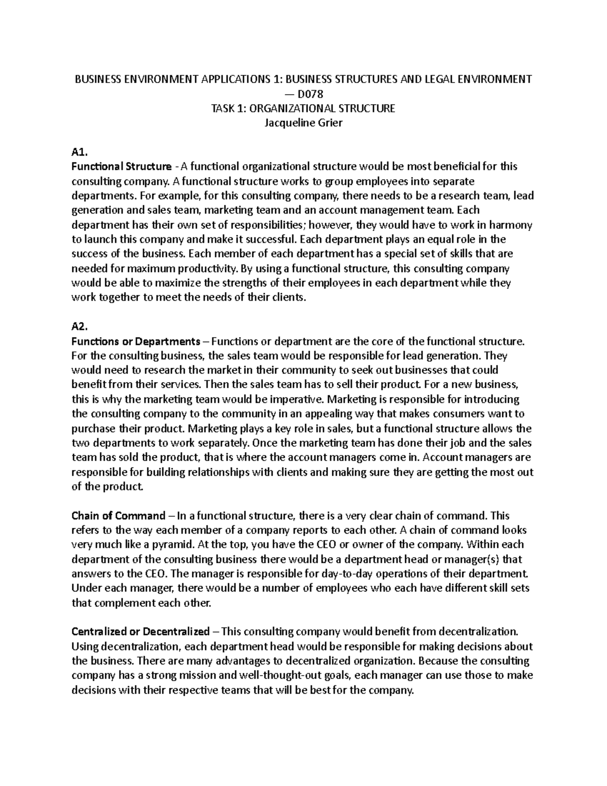 Functional Structure - BUSINESS ENVIRONMENT APPLICATIONS 1: BUSINESS ...