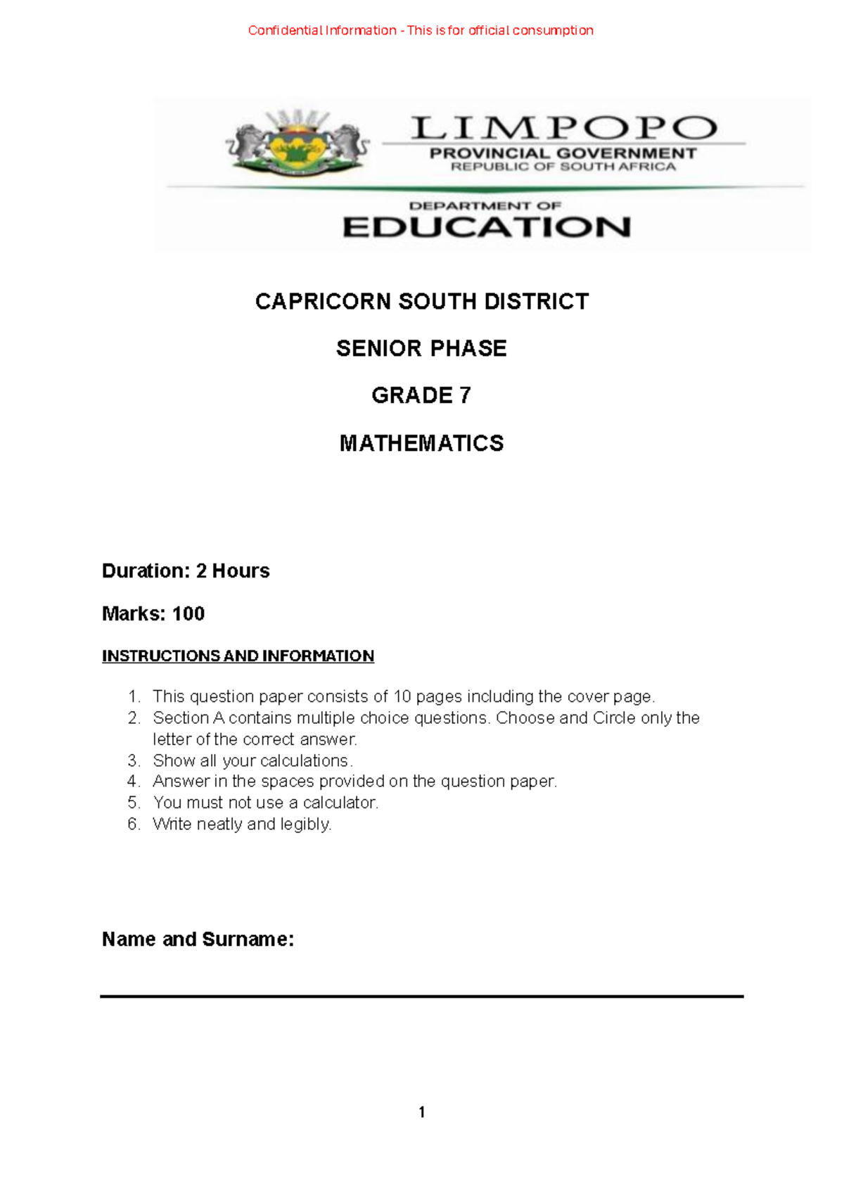 Grade 7 Mathematics Test 1 - Term 1 Question Paper 2026 - Studocu