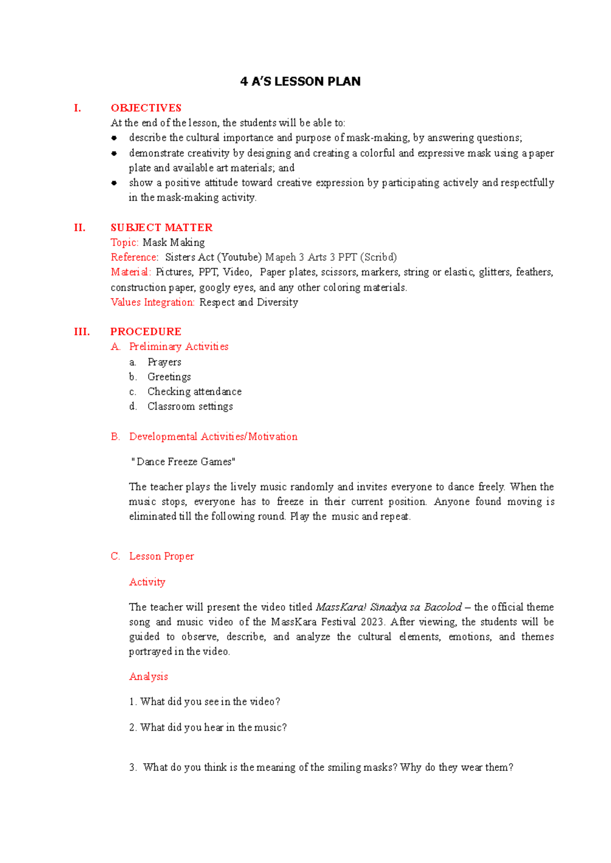 ARTS 3 - Lesson Plan: Mask Making & Cultural Expression - Studocu