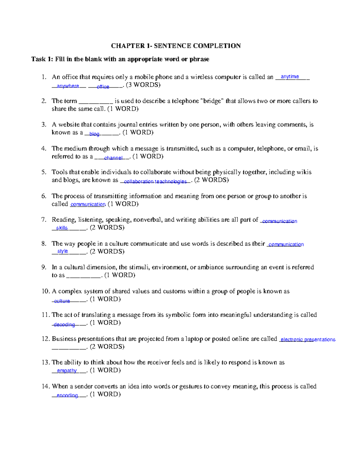 Chapter 1 Sentence Completion Practice Exercise Studocu