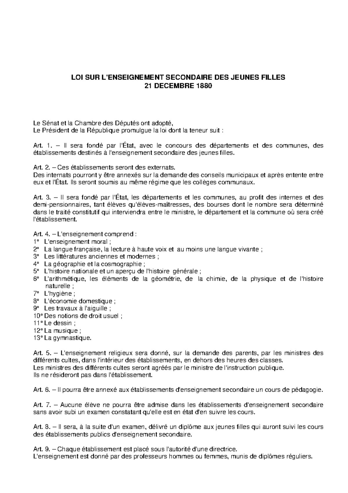 Loi sur l enseignement secondaire des jeunes filles 21 decembre 1880 569010 - LOI SUR L ...
