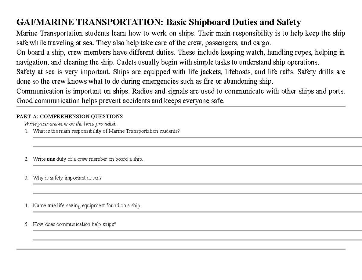 GAFMARINE TRANSPORTATION: Shipboard Duties, Safety & Communication ...