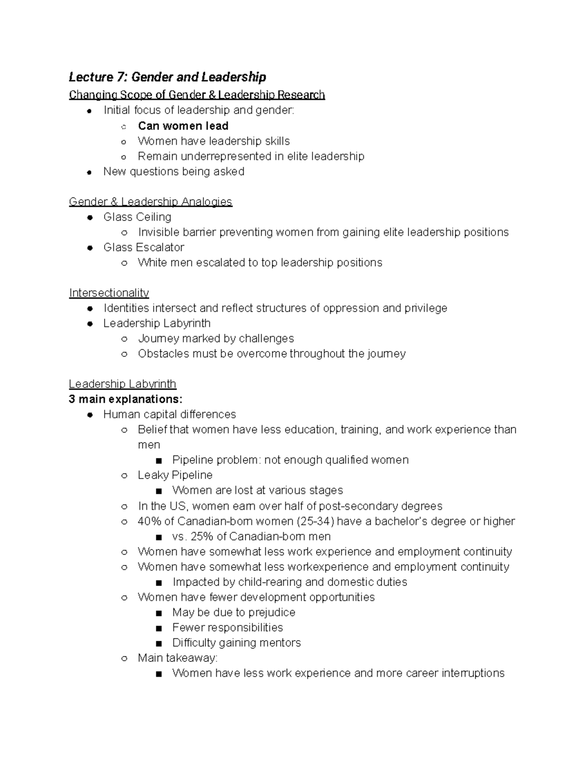 HROB 2010: Lecture 7 - Gender and Leadership Insights - Studocu