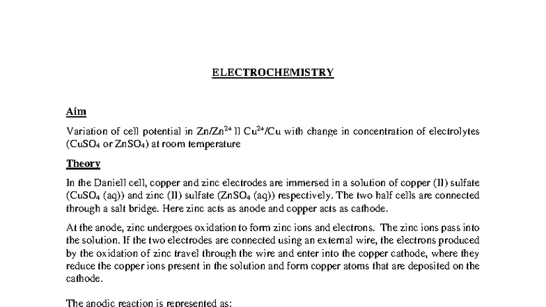ELECTROCHEMISTRY 101: Daniell Cell Potential Variation Study - Studocu