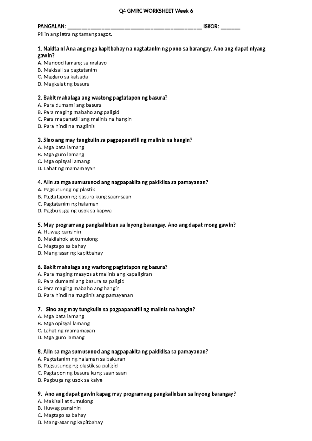Q4 GMRC Worksheet: Week 6 Activities and Questions - Studocu