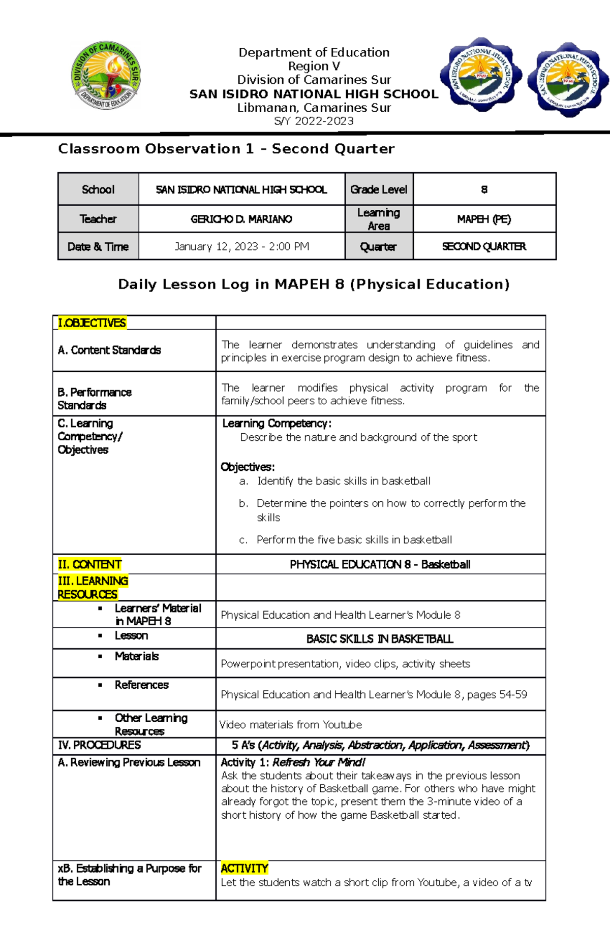 COT 1 MAPEH 8 Daily Lesson Log: Basketball Skills and Activities - Studocu