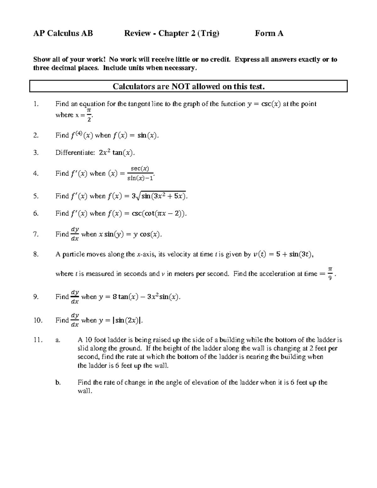 AP Calculus AB Ch 2 (Trig) Review - Homework Guide - Studocu