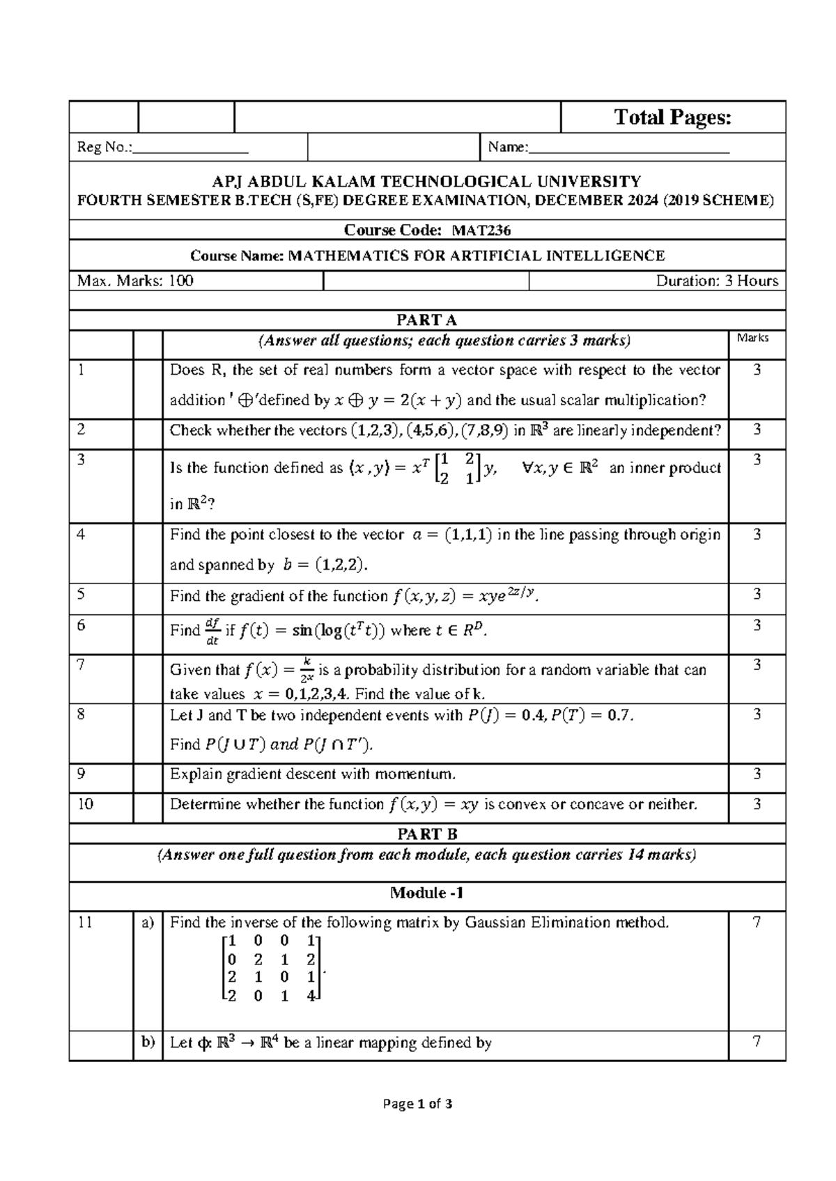 MAT236 QP-1: Mathematics for AI - Question Paper December 2024 - Studocu