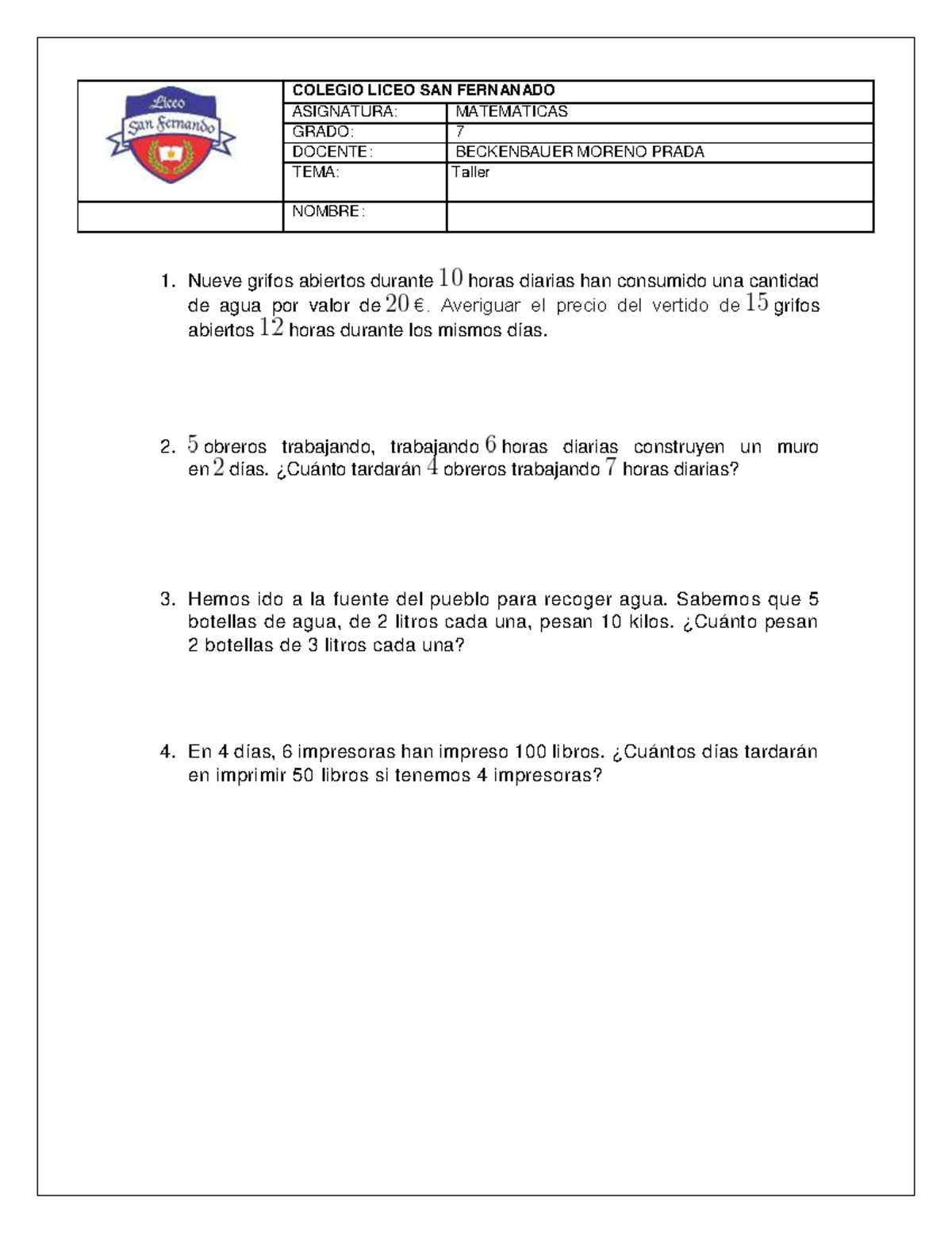 Taller de Matemáticas Grado 7 - Ejercicios y Problemas MATE 7-1 - Studocu