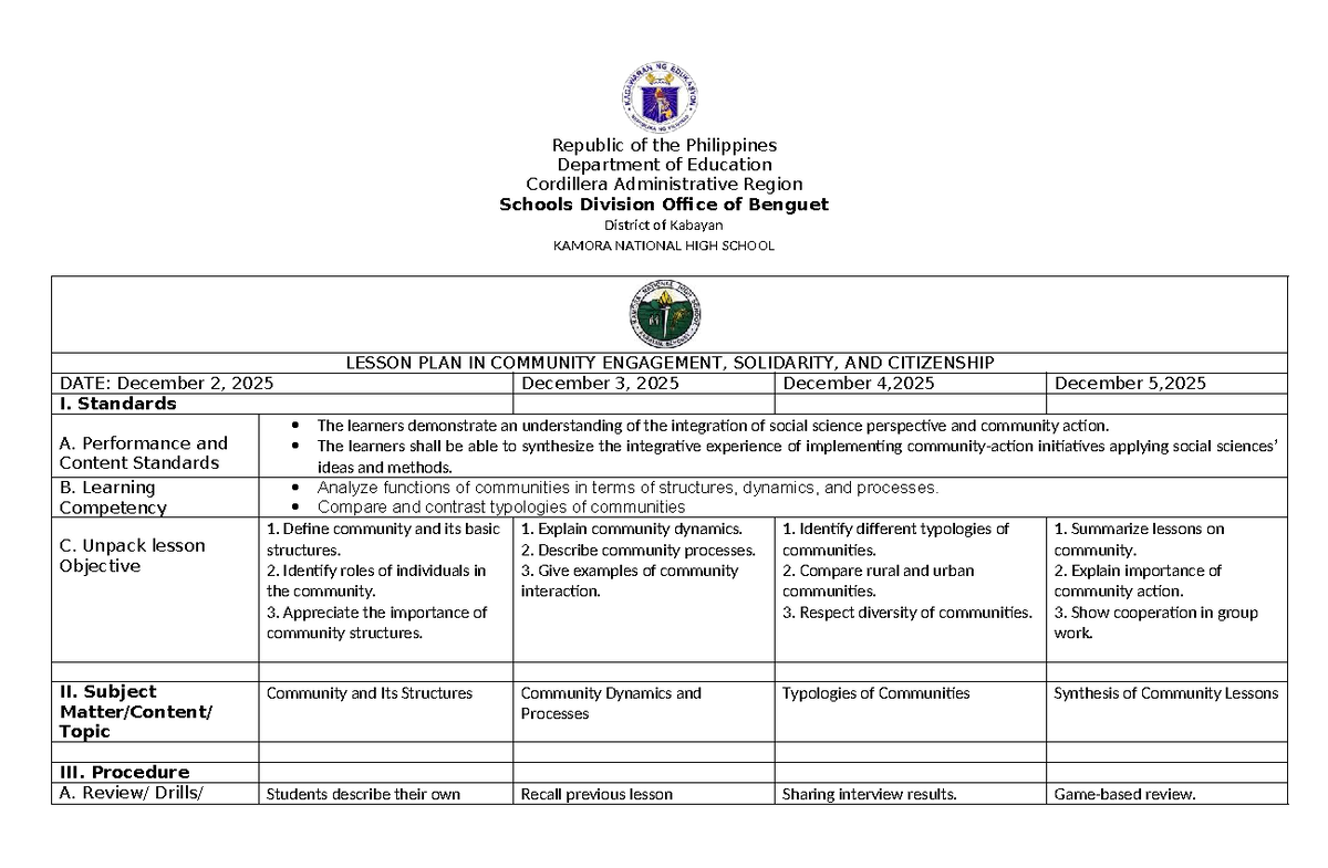 DLL Dec 1-5, 2025: Lesson Plan on Community Engagement and Citizenship ...