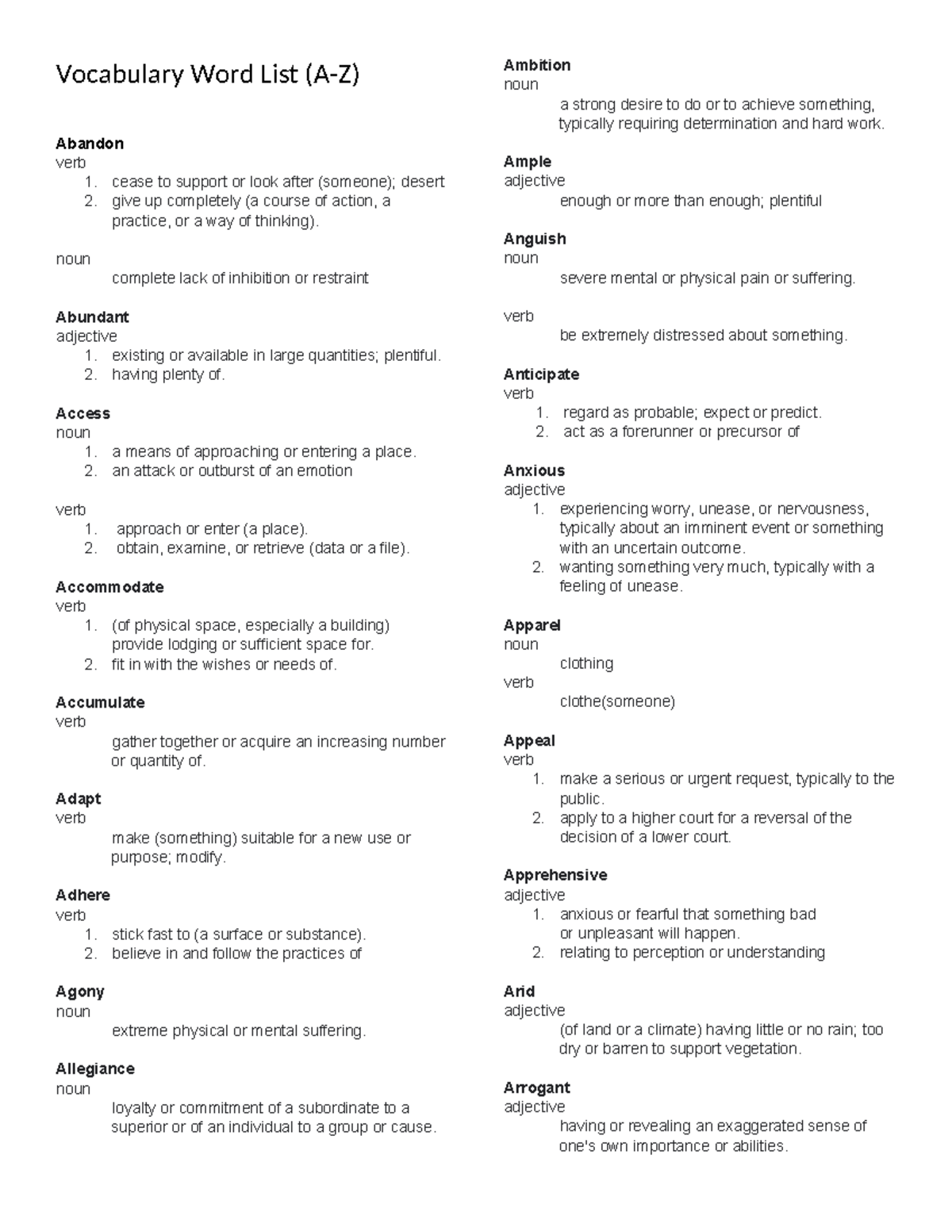 Vocabulary Study Guide (A-Z) - Essential Words for All Levels - Studocu