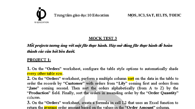 MOCK TEST 3 - Tập Luyện MOS Excel (10EDU) - Studocu