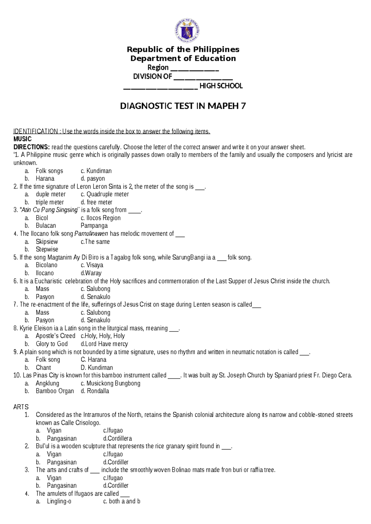 Diagnostic Test in MAPEH 7: Music, Arts, P.E., and Health - Studocu