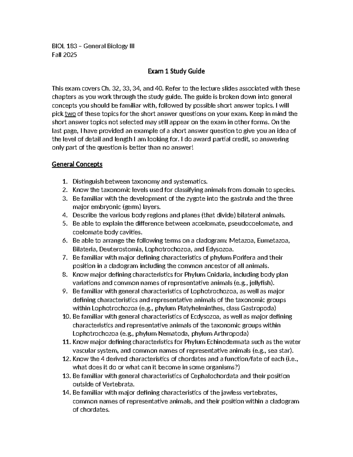 BIOL 183 General Biology Fall 2025 Exam 1 Study Guide: Key Concepts ...