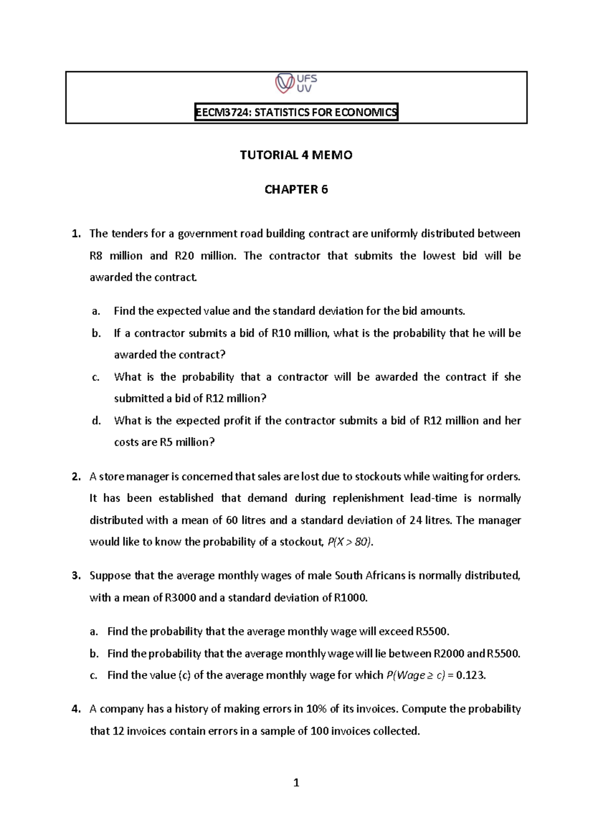 EECM3724: STATISTICS FOR ECONOMICS TUTORIAL 4 CHAPTER 6 QUESTIONS - Studocu