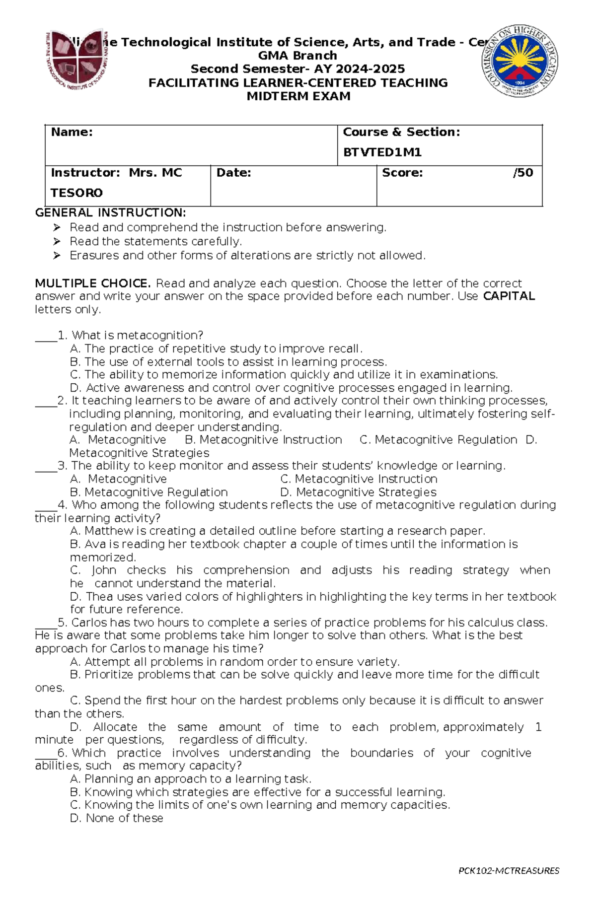 PCK102 - Midterm Exam Review on Metacognition and Teaching Strategies ...