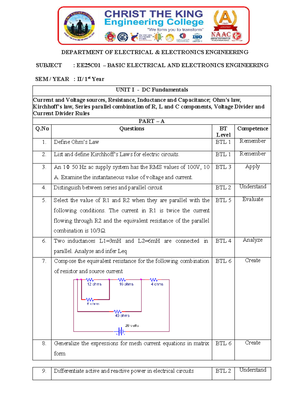 EE25C01 BEEE 1st Year Question Bank on Basic Electrical & Electronics - Studocu