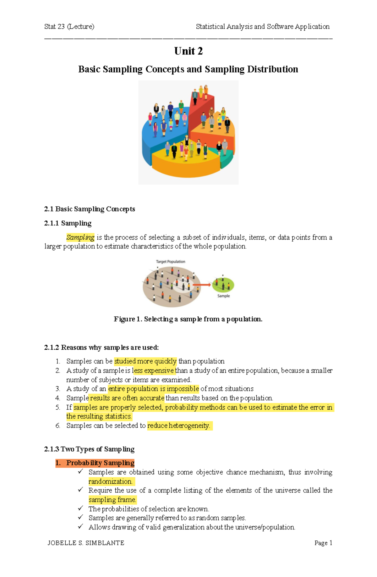Stat 23 (Lecture) Sampling Concepts & Distribution Analysis - Studocu