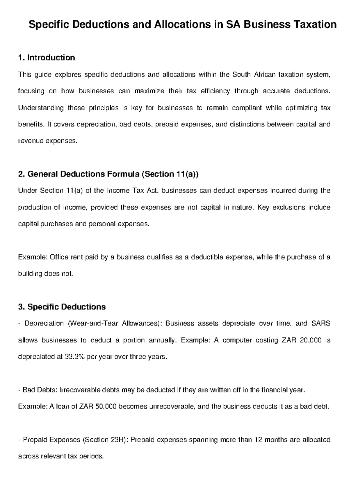SA Business Taxation: Specific Deductions & Allocations Guide - Studocu