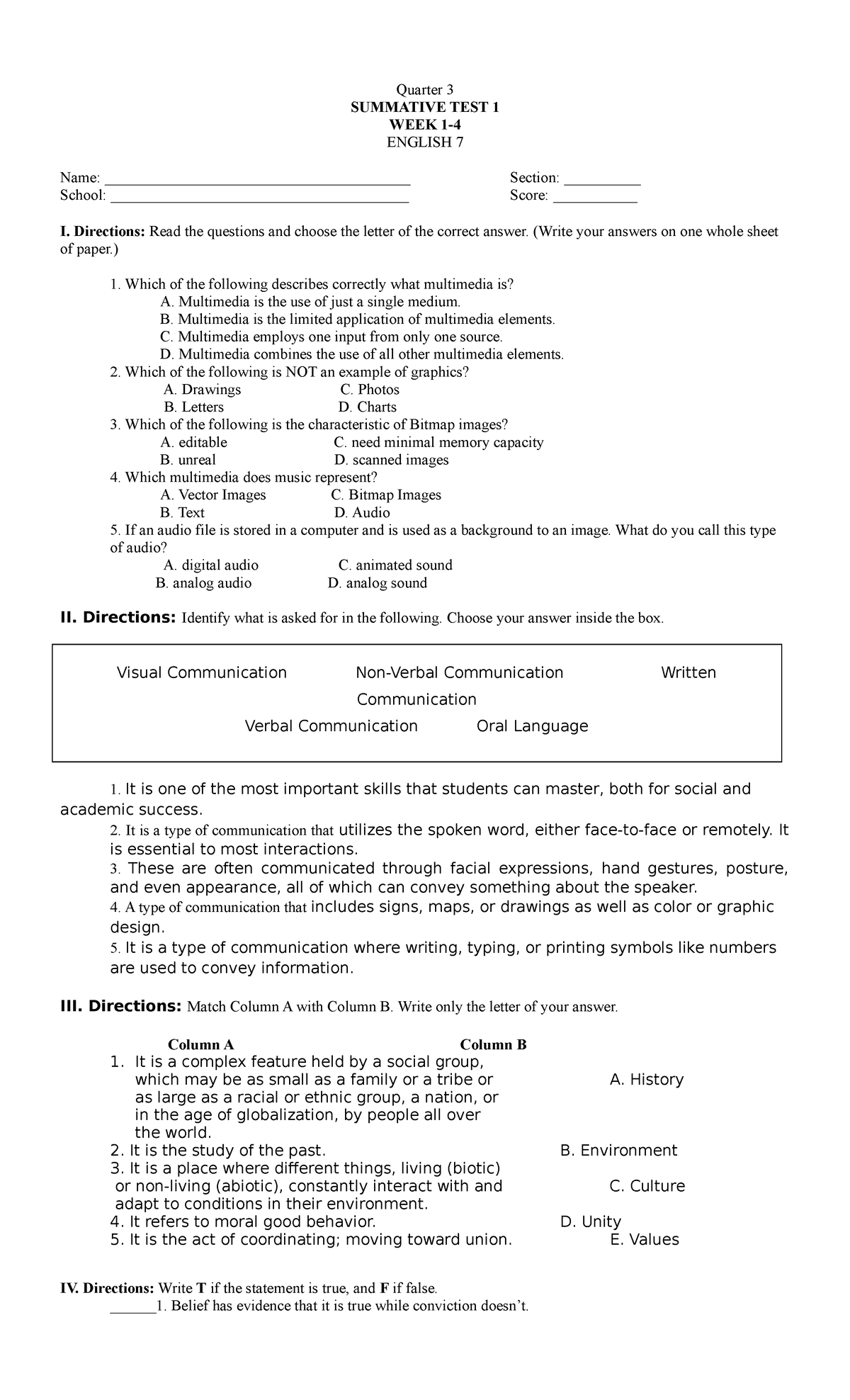Q3 Summative Assessment - Quarter 3 SUMMATIVE TEST 1 WEEK 1- ENGLISH 7 ...
