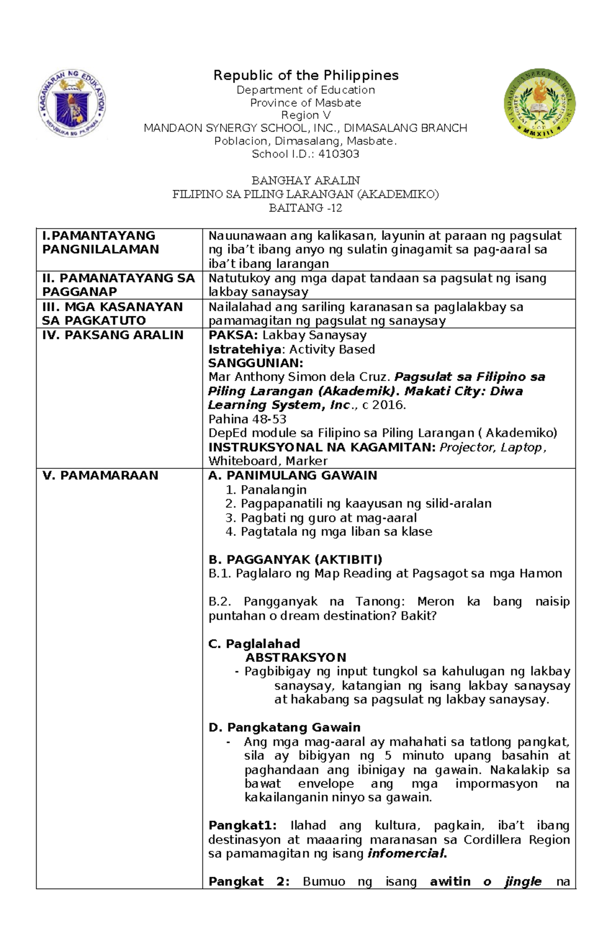Lesson Plan for Lakbay Sanaysay - Filipino sa Piling Larangan ...