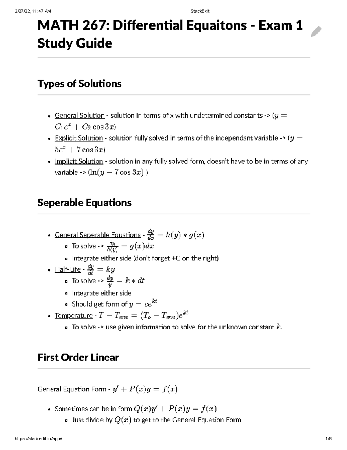 MATH 267: Differential Equations Exam 1 Review Study Guide - Studocu