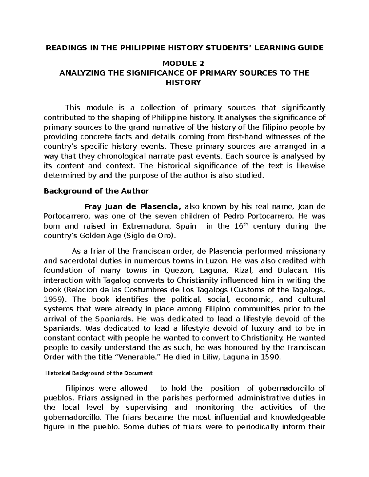 Module 2 Lesson 1: Analyzing Customs of the Tagalogs Through Plasencia ...